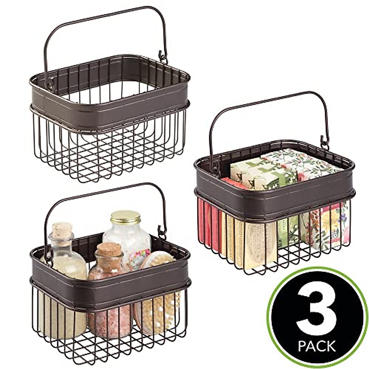 mDesign Small Metal Storage Basket Bin with Handle for Organizing Hand Soap, Body Wash, Shampoo, Lotion, Conditioner, Hand Towels, Hair Styling Accessories - Cameo Collection - 3 Pack - Bronze