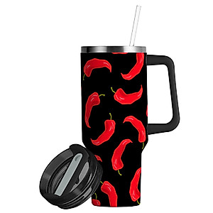 Yasala Car Tumbler with Handle Cute Chilli Red Black Funny Travel Mug Coffee Cup Insulated Beverage Container Mega Cup for Hot Cold Drinking Thermos Water Bottle Cupholder Friendly 40 oz