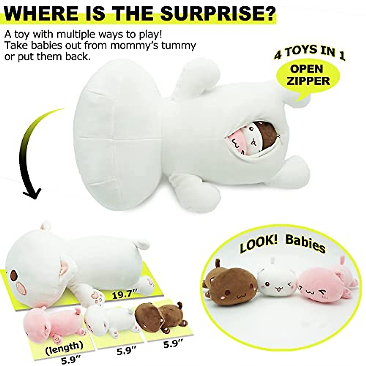 Onsoyours Cat Stuffed Animal Mommy 19.7" with 3 Kitty Plushies, 4 Piece of Cute Cat Plush Pillow Toys for Kids Girls Boys (White Cat Family)