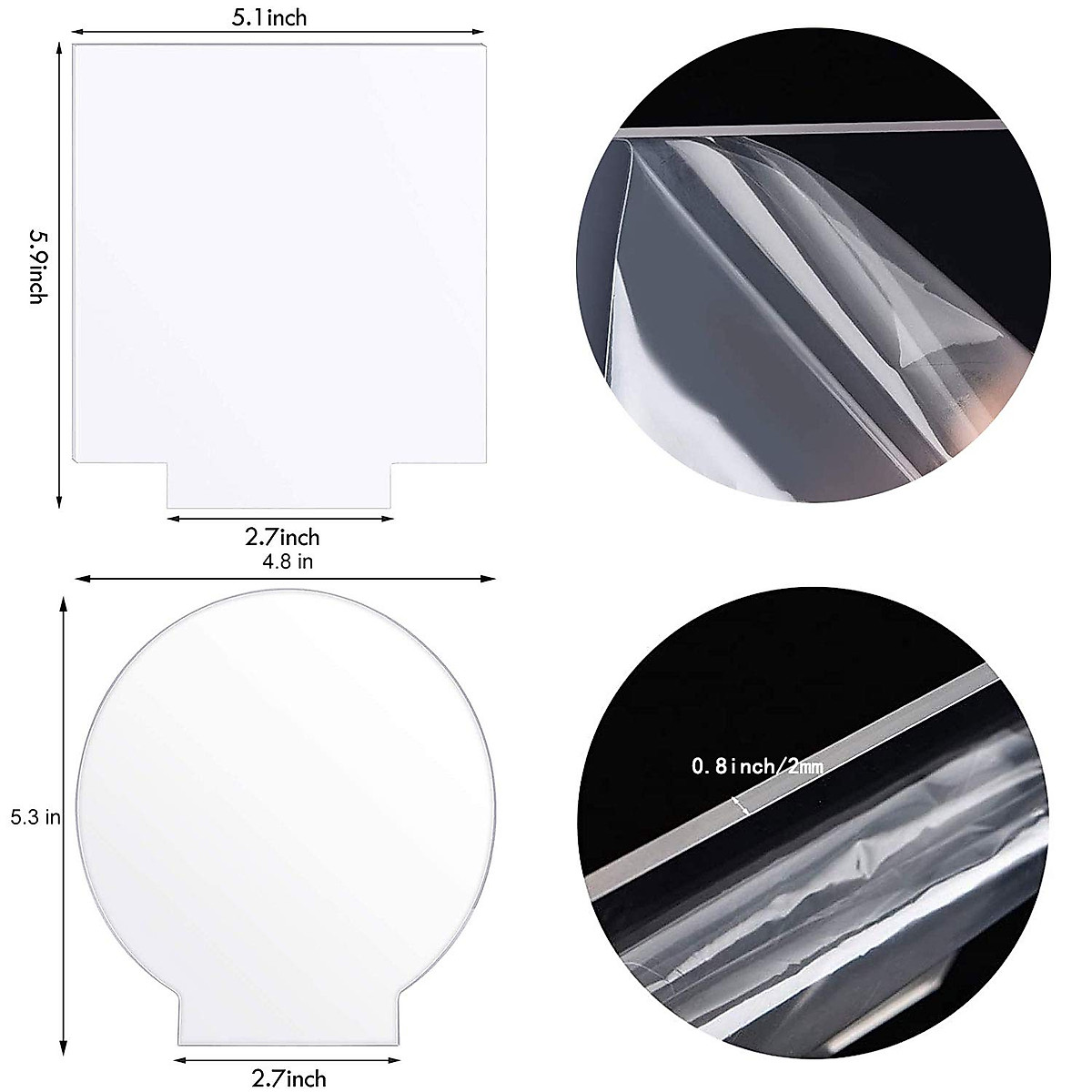 6 Pcs 2mm Acrylic Sheet Clear Cast Plexiglass Square and Round Panel Thick Plastic Glass Board with Double Sided Protective(5.8"x 5.1") for LED Light Base Signs DIY Display Projects Craft