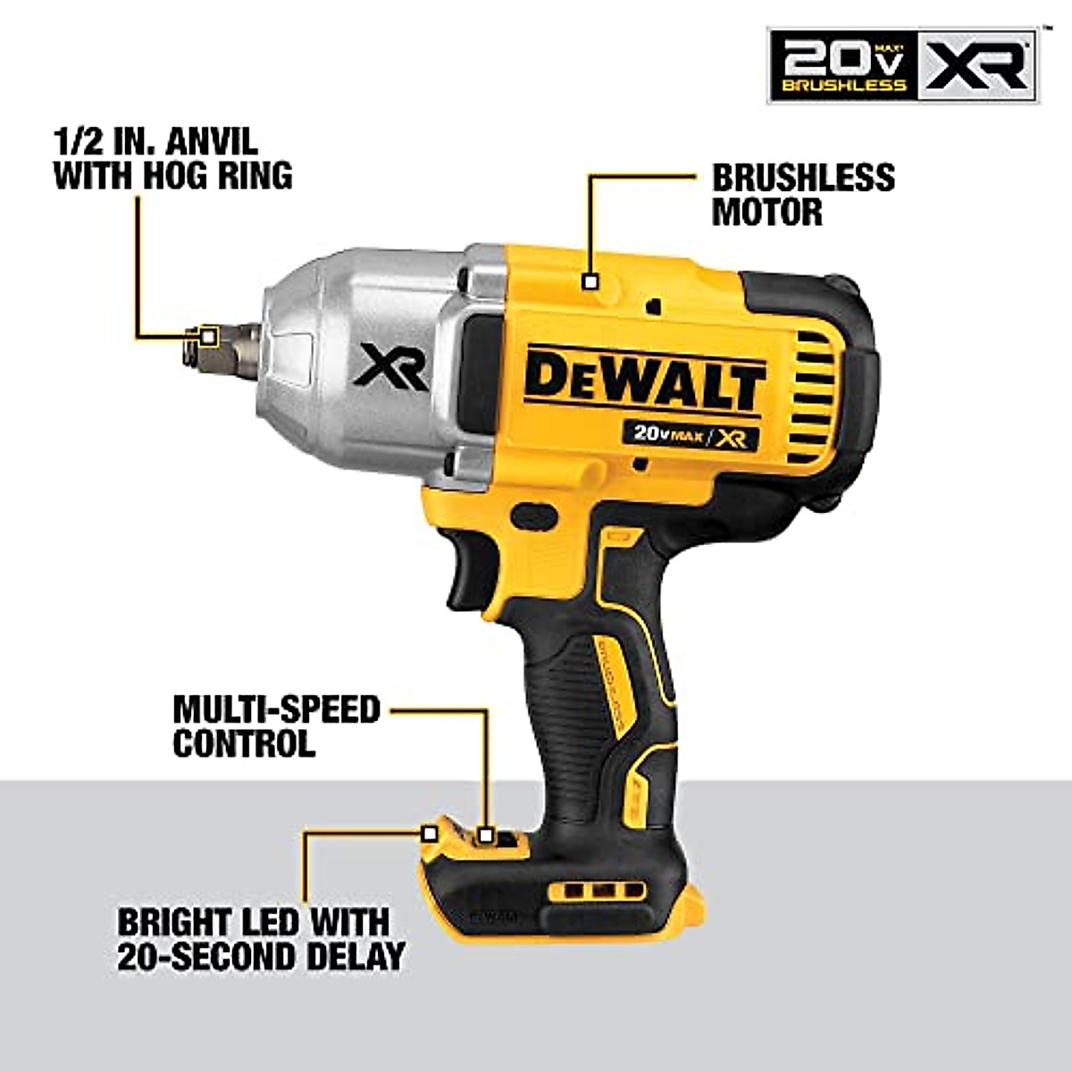 DEWALT 20V MAX XR Impact Wrench Kit, Brushless, High Torque, Hog Ring Anvil, 1/2-Inch, Tool Only (DCF899HB) , Yellow