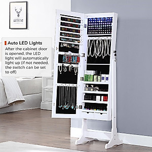 GISSAR Jewelry Organizer Full Length Mirror Jewelry Cabinet Standing/Wall/Hanging Door Jewelry Armoire Storage with Lights, Lockable, White