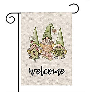 Spring Welcome Gnomes Garden Flag Burlap Summer Outdoor Decorations Double Sided Vertical Farmhouse Flags Yard Decor 12.5 x 18 Inch