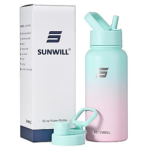 SUNWILL Insulated Water Bottle with Straw 32oz, Stainless Steel Water Bottles for Sports, Travel & Gym, Wide Mouth Flask with 2 Lids (Straw & Spout Lid), Leak Proof BPA Free Thermal Canteen