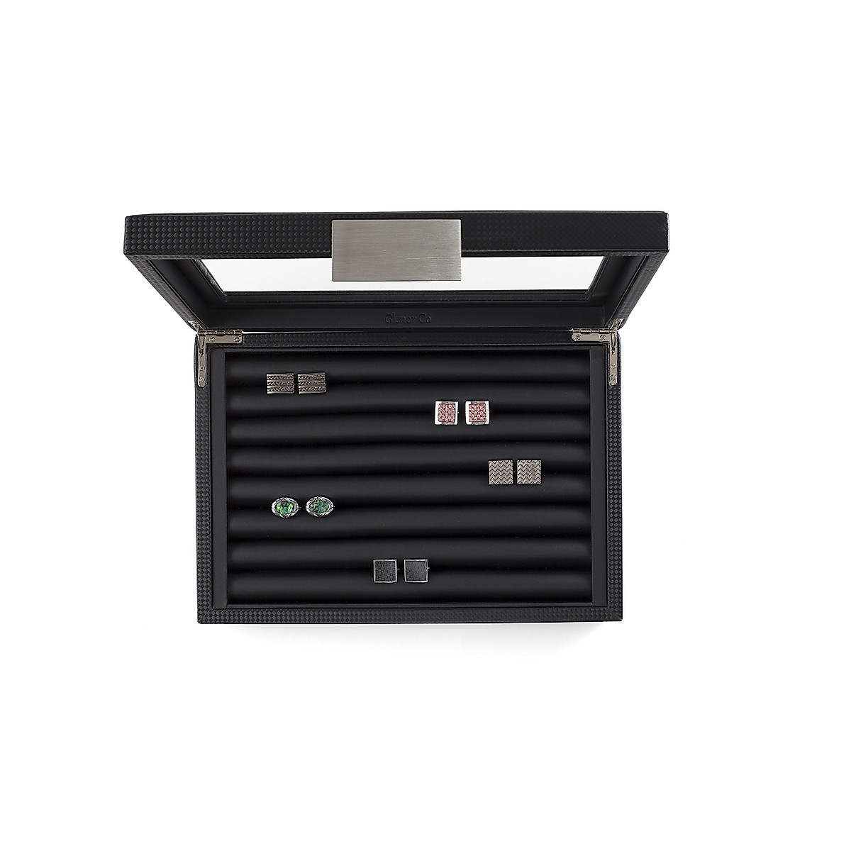 Glenor Co Cufflink Box for Men - Holds 70 Cufflinks - Luxury Display Jewelry Case -Carbon Fiber Design - Metal Buckle Holder, Large Glass Top - Black