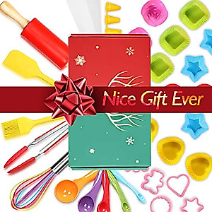 Shacoryze Kids Cooking and Baking Set 40 Pcs with Gift Box, Real Kitchen Utensils Kit for Children Toddlers Teens, Gift for Girls&Boys, Nonstick Rolling Pin Silicone Pastry Mat Cupcake Molds