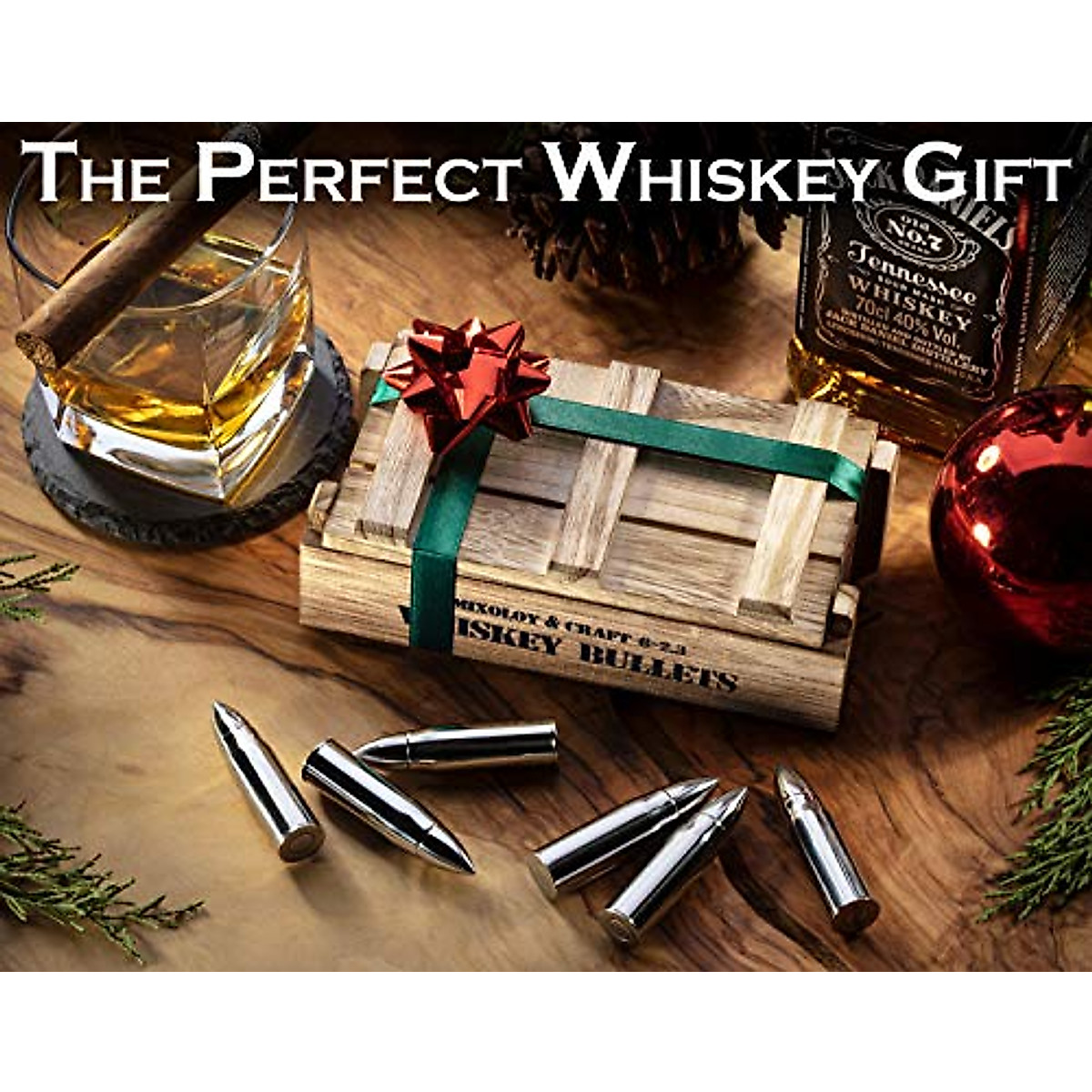 Whiskey Stone Bullets Gift Set - Stainless Steel Bullet shaped Whiskey Stones in a Wooden Army Crate | Reusable Bullet Ice Cube for Whiskey | Whiskey Gift Set for Men, Dad, Husband, Boyfriend (Silver)