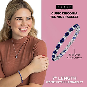 KEZEF Tennis Bracelets For Women - Cubic Zirconia - Oval 7x5mm Blue Sapphire Gemstones - Round 2.50mm White CZ - Silver Plated Brass - 7 Inch - Hypoallergenic Bracelets