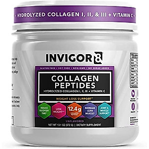 INVIGOR8 Collagen Peptides Weight Loss Formula Hydrolyzed Collagen Types I, II, & III + Vitamin C Unflavored Non-GMO Grass-Fed Supplement Blend