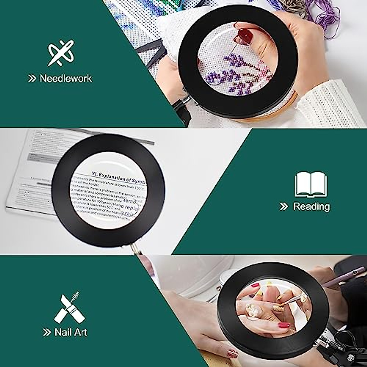 Magnifying Glass with Light Toolour 5X&10X Magnifying Glass Light with 26in Long Arm, 3 Colors Dimming Magnifying Desk Lamp, Lighted Magnifier Glass for Jewelry Close Work Reading Hobby Craft