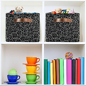 Moudou Black Leopard Storage Basket 2 Pcs, Waterproof Canvas Collapsible Toys Storage Bin with Leather Handles for Closet,Shelves, Nursery, Dorm, Bedroom, Office, Home Decor