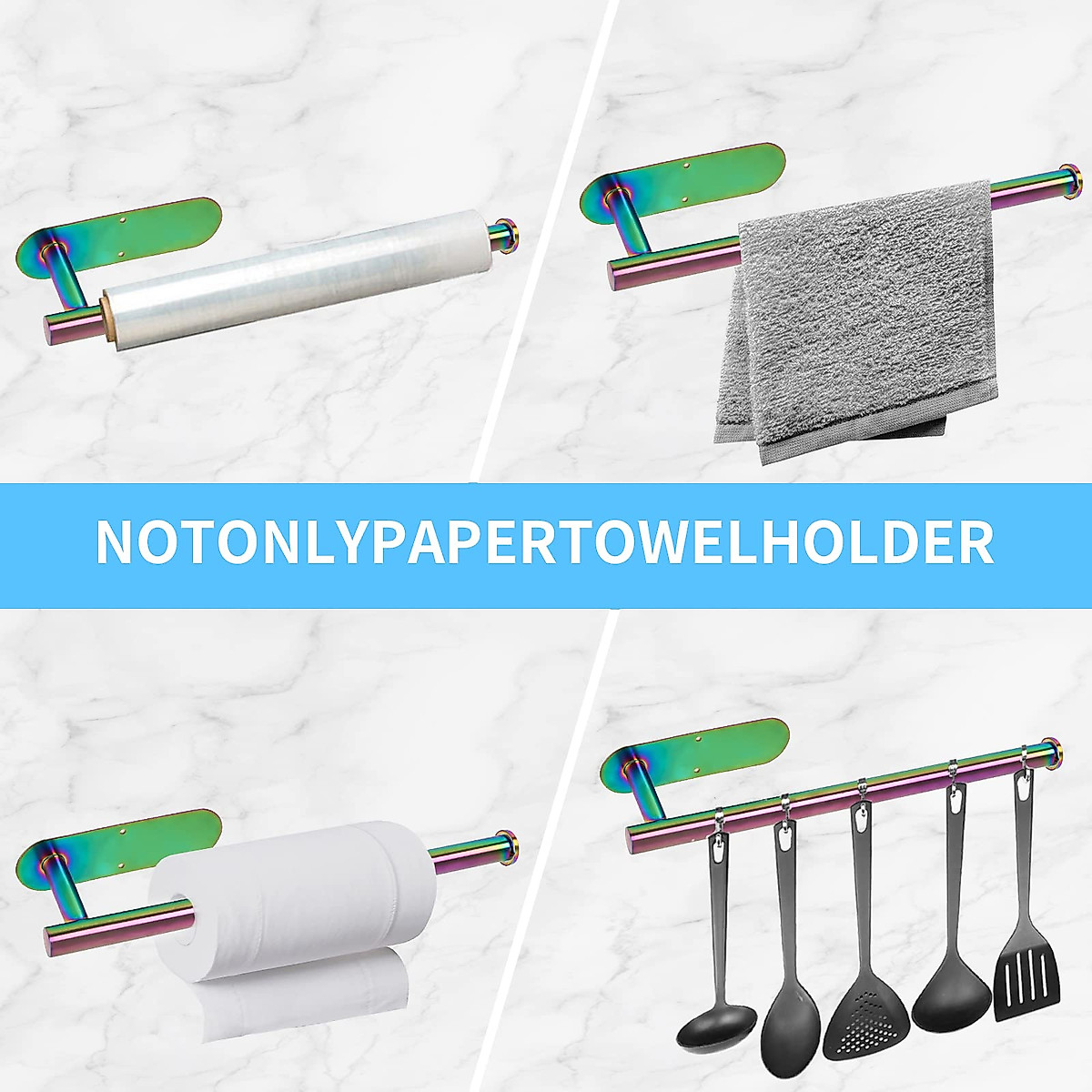 Paper Towel Holder Under Cabinet, Self-Adhesive or Drilling Rainbow Paper Towel Rack Wall Mount, SUS304 Stainless Steel Paper Towels Roll for Kitchen, Pantry, Sink, Bathroom