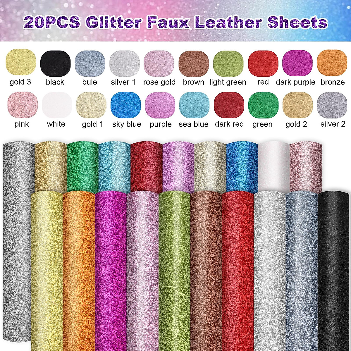 FOPINOA 20PCS Glitter Faux Leather Sheets, 8.26 x 11.8 Inch Faux Leather Fabric Sheets A4 PU Faux Leather Sheets for DIY Crafts, Jewelry Making, Sewing, Craft Making