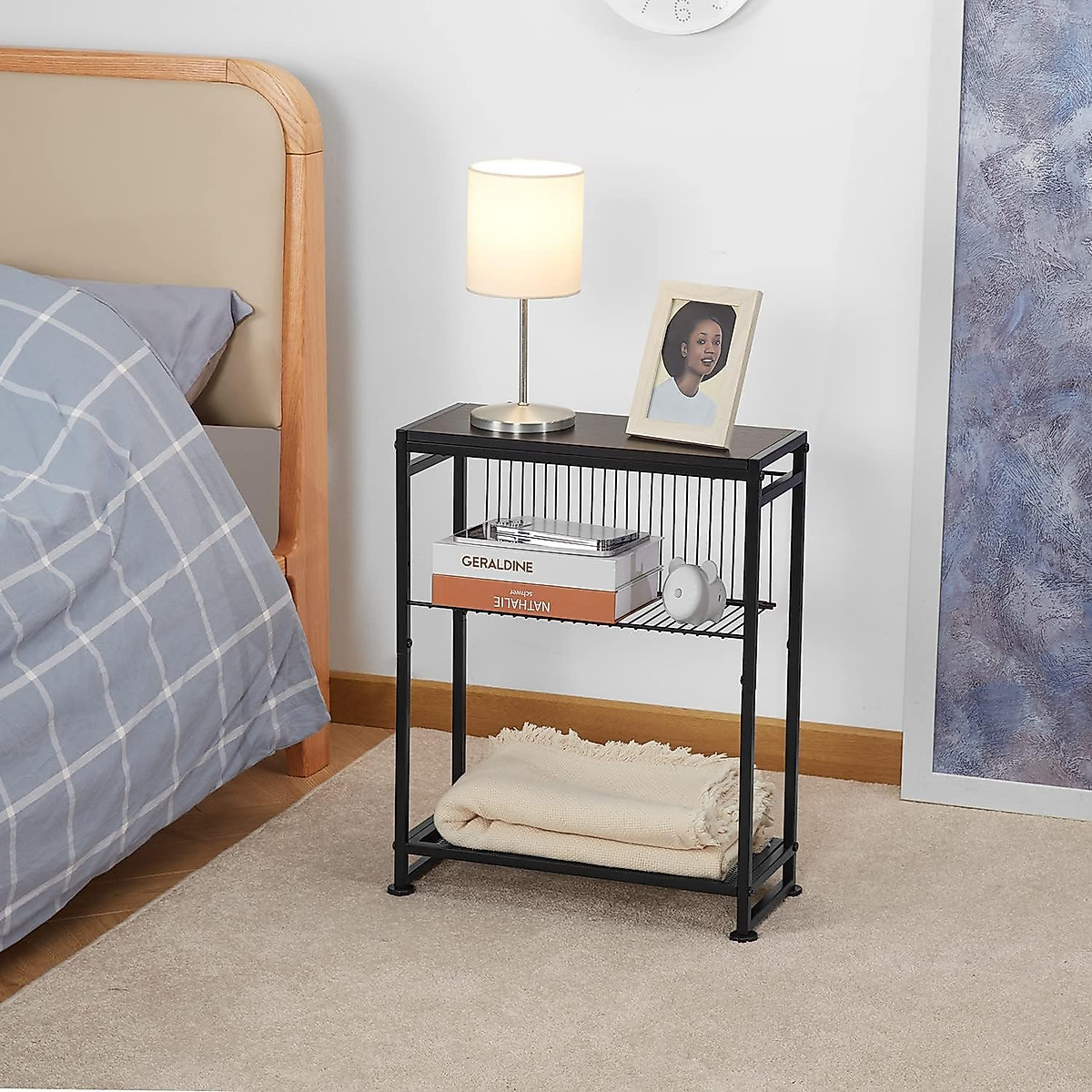Slim End Table with Magazine Holder - 2 in 1 Design for Small Spaces - Black