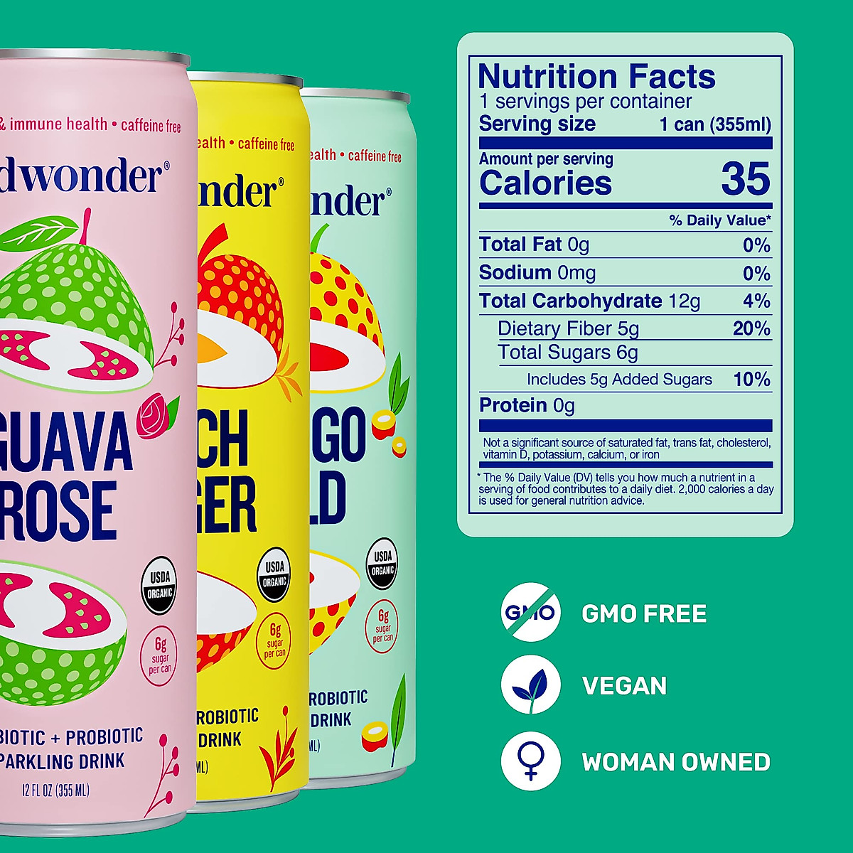 wildwonder Sparkling Probiotic Juice Drink w/Gut Health Immunity & Support 5g Fiber, Live Probiotics, Caffeine Free, Organic, Vegan, Low Sugar, 6pk 12oz, Classic Variety Pack, As Seen on Shark Tank