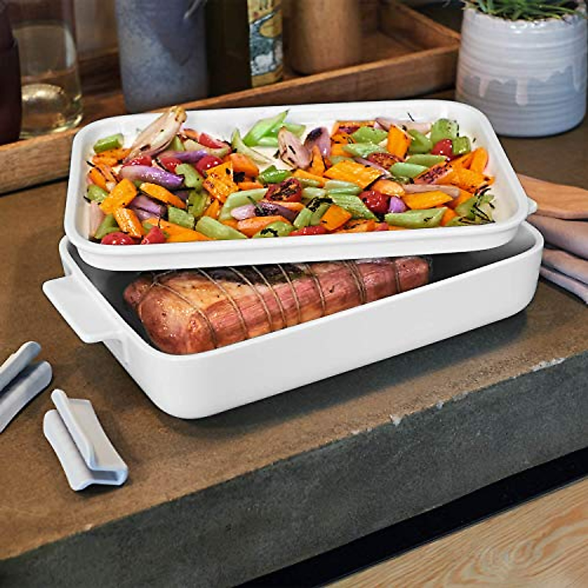 Villeroy & Boch Clever Cooking Rectangular Serving Plate/Lid, 12.5 x 8.5 in, Premium Porcelain, White