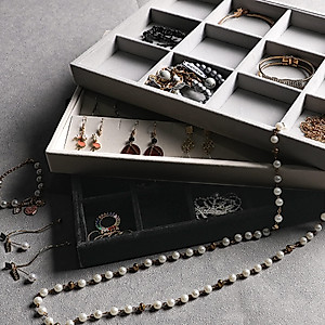Frebeauty Stackable Velvet Jewelry Organizer Trays for Drawers Inserts Jewelry Storage Tray Display Case Earrings Bracelets Necklace Rings Accessories Trays for Women(Set of 4)(Grey).