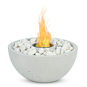 Concrete Tabletop Fire Pit - Smokeless & Odorless Round Ethanol Tabletop Fire Pit - Portable Outdoor & Indoor Smores Fire Pit - Mini Fireplace with Decorative Rocks - Bi Ethanol Fuel