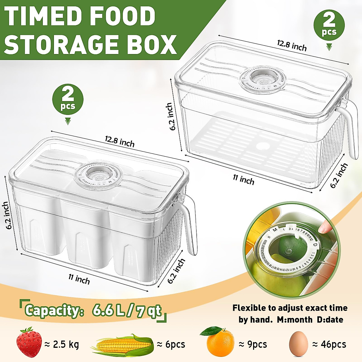 Blushtier 4 Pcs Fridge Organizer Bins with Compartment and Drain Tray and Lid Handle Plastic Stackable Timer Keep Fresh Sealed Food Storage Container for Vegetables Fruit Salad,11 x 6.2 x 6.2 Inch