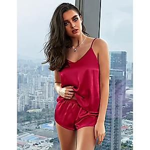 XSPQGQ Womens Sexy Lingerie Satin Pajamas set Sleepwear Cami Shorts Set Nightwear S-XL(L, A-Wine red)