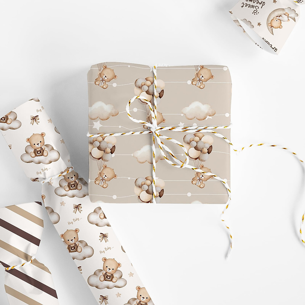 JarThenaAMCS 12 Sheet Baby Shower Wrapping Paper -Not Roll- Cute Brown Bear Gift Wrap Paper Folded Flat Watercolor Art Paper for DIY Crafts Gift Wrapping