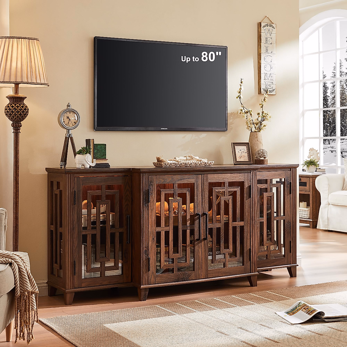 JXQTLINGMU Ultra Large 70 inch TV Stand for 80 Inch TV, LED Media Console with 3-Sides Hollow Out Glass Doors, Farmhouse Entertainment Center with Storage for Living Room, Bedroom, Brown