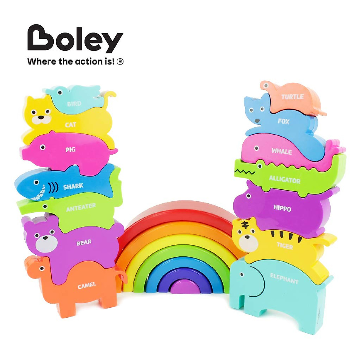 Boley Plastic Rainbow Stacking Block Toy Set - Baby Animal Building Shape Sorter Blocks - Great Educational Learning Toy for Kids, Children, Toddlers