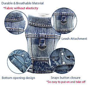 Dog Jeans Jacket Cool Blue Denim Coat for Small Medium Girl Boy Dogs Puppy Clothes Comfort Lapel Harness Vest with D-Ring for Leash