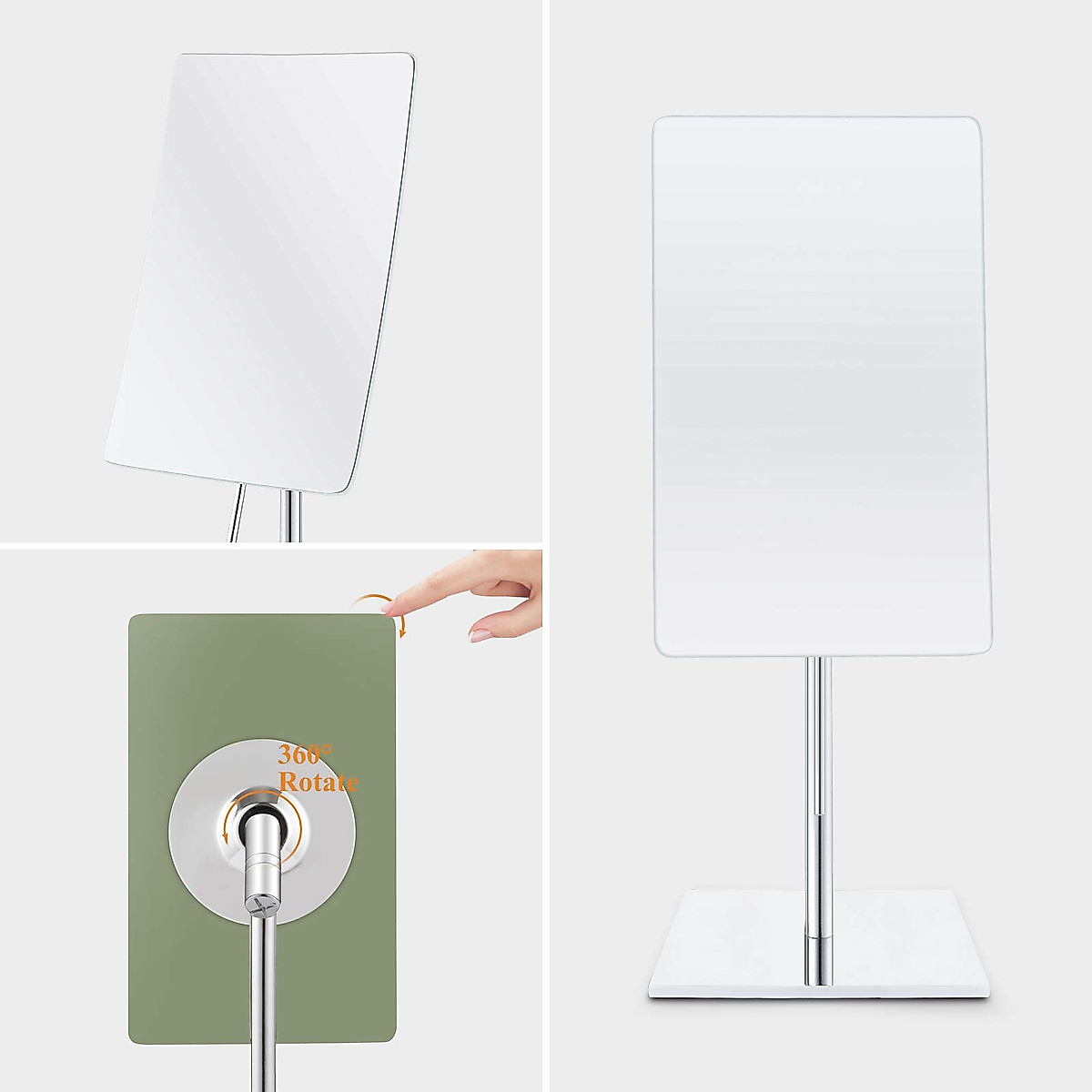 GURUN Frameless Rectangle Tabletop Vanity Mirror Single Side Adjustable Easy Positioning 5X Magnification 304 Stainless Steel Chrome Finish 2234（Chrome,5X