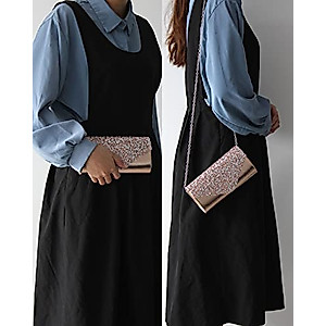 Quniko Rhinestone Flap Evening Clutch Purses Formal Sequins Handbag Crossbody Shoulder Bag for Women (Rose Gold)