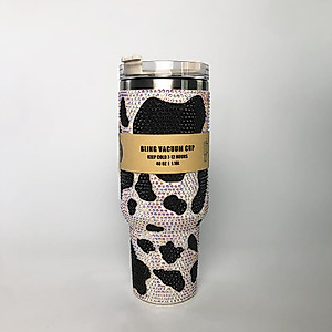 Cupcupmore 40oz Black Cow Bling Rhinestone Stainless Steel Sippy Tumbler Glitter Vacuum Insulated Water Bottle with Straw & Lid & Handle,Thermos for Hot & Cold Drinks,Car Cup Holder,Coffee