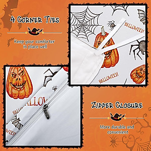 Halloween Duvet Cover Set Queen Fall Pumpkin Spider Cobweb Bat Pattern Duvet Cover, 3 Piece Halloween Themed Bedding Set with Pillowcases, Soft Microfiber Festival Room Decor for Teens Kids(90''x90'')