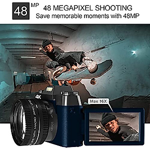 eDealz 4K 48MP Digital Camera for Photography, Vlogging Camera for YouTube with 3.0’’ 180° Flip Screen, WiFi, 16X Digital Zoom, Wide Angle & Macro Lens Rechargeable Battery, 64GB Micro SD Card (Navy)