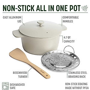 Goodful All-In-One Pot, Multilayer Nonstick, High Performance Cast Dutch Oven With Matching Lid, Roasting Rack And Turner, Made Without PFOA, Dishwasher Safe Cookware, 4.7-Quart, Linen