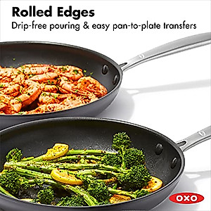 OXO Good Grips Pro, 8" 10" and 12" 3 Piece Frying Pan Skillet Set, 3-Layered German Engineered Nonstick Coating, Stainless Steel Handle, Dishwasher Safe, Oven Safe, Black