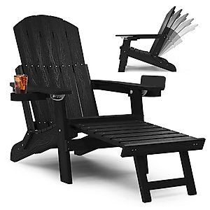 YEFU Adirondack Chair with Ottoman, Adjustable Backrest Adirondack Chairs, Folding Outdoor Fire Pit Chair with 2 Cup-Holders, Weather Resistant for Patio Lawn Outside Garden Pool, 380lbs (Black)