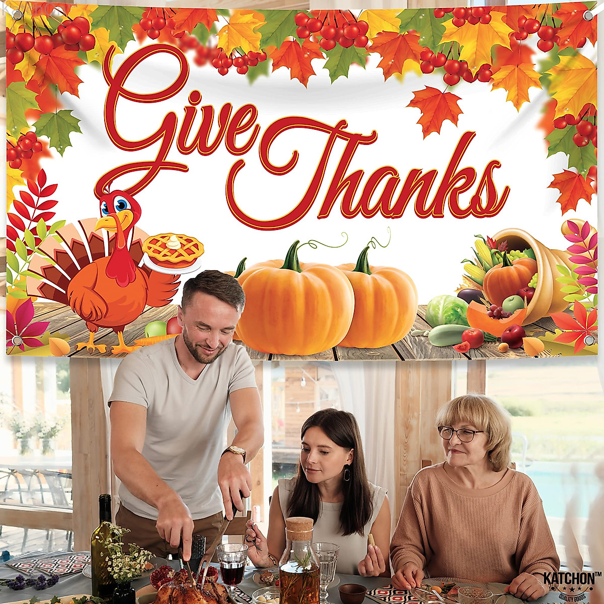 KatchOn, Give Thanks Banner - XtraLarge, 72x44 Inch | Thanksgiving Backdrop for Thanksgiving Decorations | Thanksgiving Wall Banner | Happy Thanksgiving Banner for Thanksgiving Party Decorations