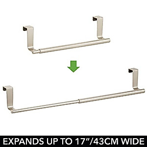 mDesign Adjustable, Expandable Over Kitchen Cabinet Towel Bar Rack - Hang on Inside or Outside of Doors, Hold Hand, Dish, Tea Towels - Customizable to 17" Wide, Omni Collection - Satin