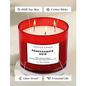 Pomegranate Noir 3-Wick Scented Candle with Strawberry & Vanilla | Highly Scented Natural Soy Candle for Home & Office | Aromatherapy Stress Relief Candle | Luxury Winter Gift Candle for Women & Men