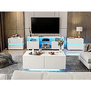IKIFLY Modern LED End Table with 2 Drawers, High Glossy Nightstand with Storage Cabinet, Bedside for Bedroom Furniture
