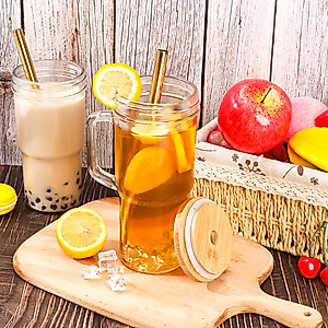 Ensccant 4Pack Glass Tumbler Cups with handle, 22oz Reusable Iced Coffee Cup with Bamboo Lid and Straw - Mason Jar Drinking Glasses for Cocktail, Beer, Smoothie Boba Tea, Juice - Non-slip Cup