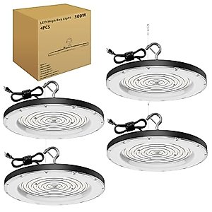 LED High Bay Shop Lights: 300W 5000K AC110V-130V with US Plug - 30000 LM Commercial Bay Lighting for Barn Warehouse Garage(4 Pack)