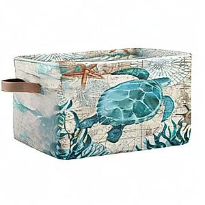 Sea Turtle Retro Map Storage Basket Bin Nautical Ocean Starfish Large Fabric Toys Storage Cube Box with Handles Collapsible Closet Shelf Cloth Organizer Basket for Nursery Bedroom Gift