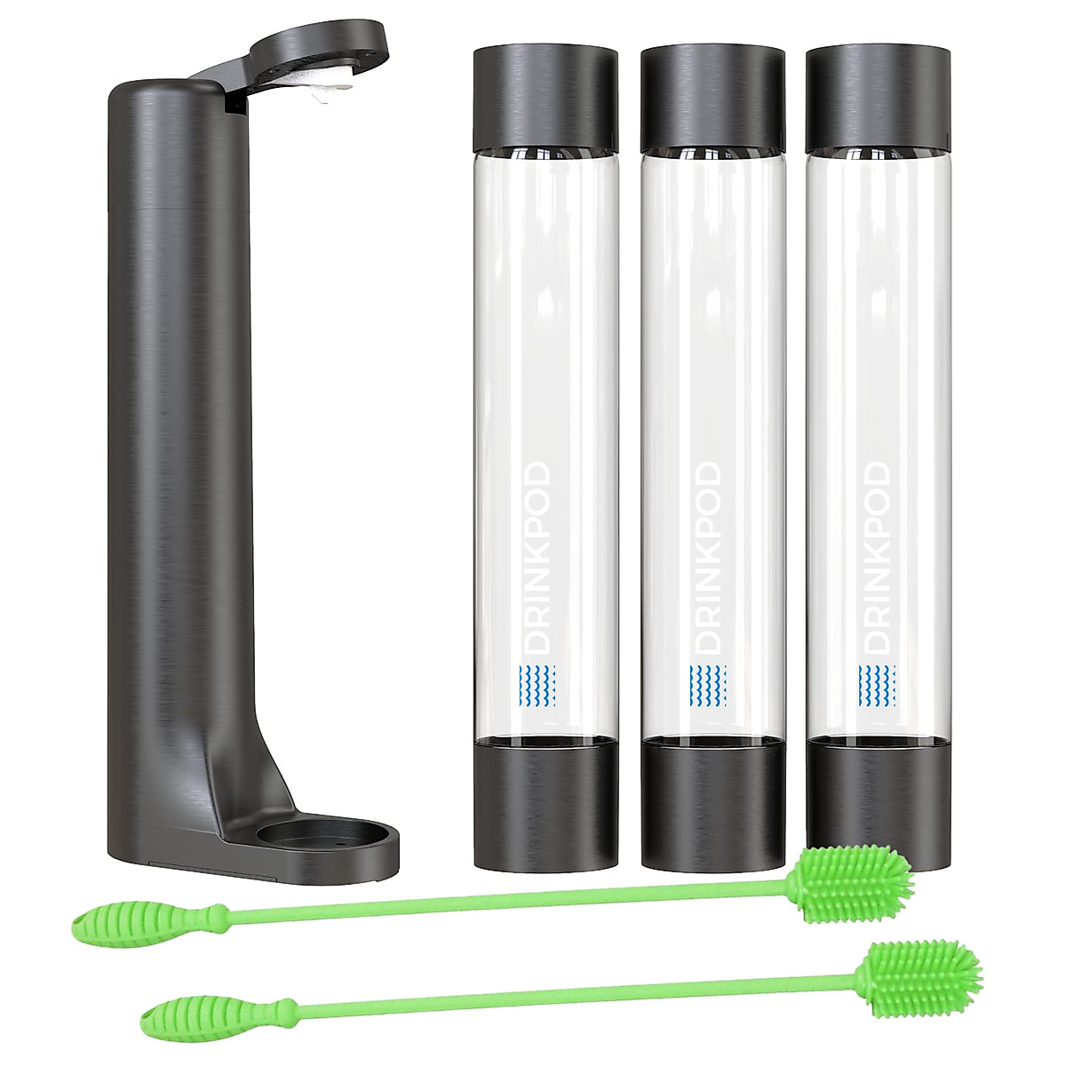Fizzpod Home Soda Maker Sparkling Water Carbonator With 3 Bottles and 2 Bottle Brushes (Black)