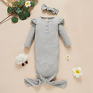 Twopumpkin Baby Girl Boy Coming Home Knotted Gown Unisex Newborn Infant Sleep Onesie Outfit Cute Baby Winter Pajamas (E Ruffle Ribbed Gray, 0-3 Months)