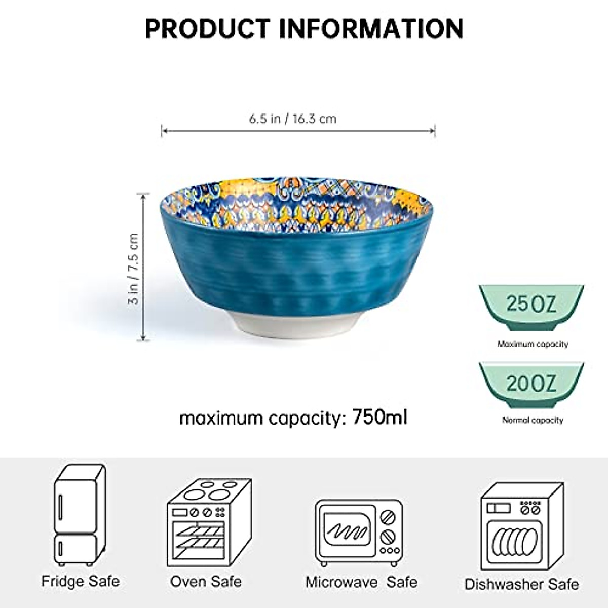 HENXFEN LEAD Ceramic Cereal, Soup Bowls Set of 6-25 Oz Deep Colorful Porcelain Serving Bowls for Dinner, Pasta, Salad, Oatmeal - Bohemian Style