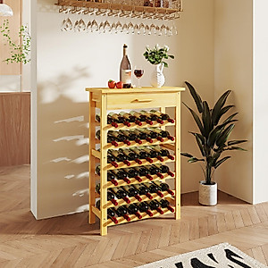 Kinbor 6-Tier Bamboo Wine Rack with Drawer, Standing Storage Rack with 36 Bottles Holder for Bar, Wine Cellar, Basement, Cabinet, Pantry, Kitchen