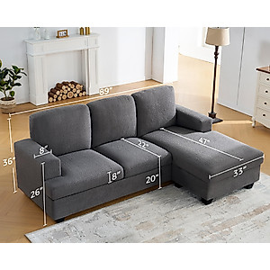 VanAcc 89 Inch Convertible Sofa with Storage, Reversible L Shape Sofa Couch with Chaise, Comfy Couches for Living Room, Grey Bouclé