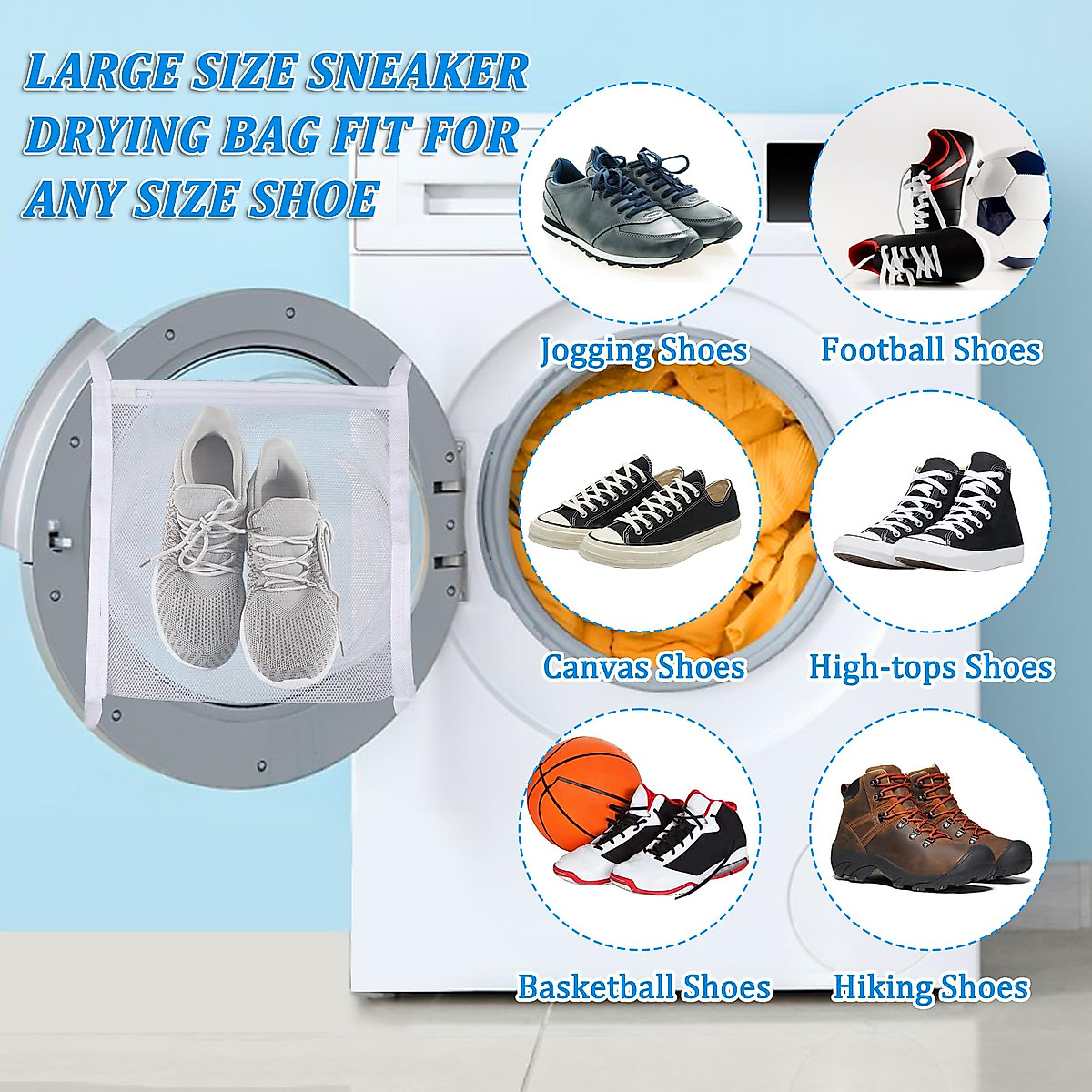 3PCS Sneaker Dryer Bag Mesh Dryer Bag for Sneakers with Zipper & Strap Reusable Shoe Holder for Dryer,15.3×14.7“,White