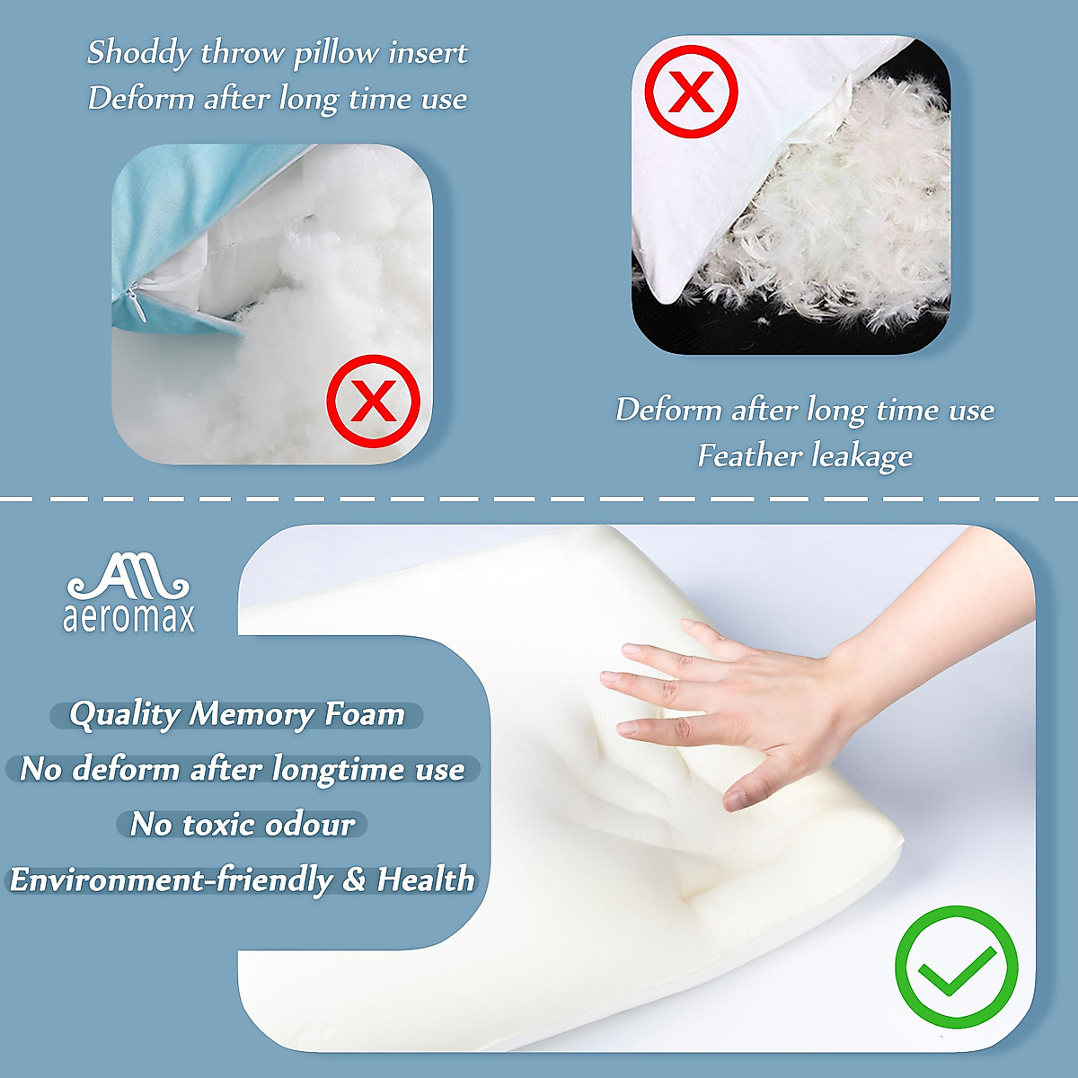 AM AEROMAX 22 ×22 Pillow Insert (Pack of 2) Memory Foam Throw Pillow Insert Sham Square for Decorative Cushion Bed Couch Sofa Without Deform After Longtime Use